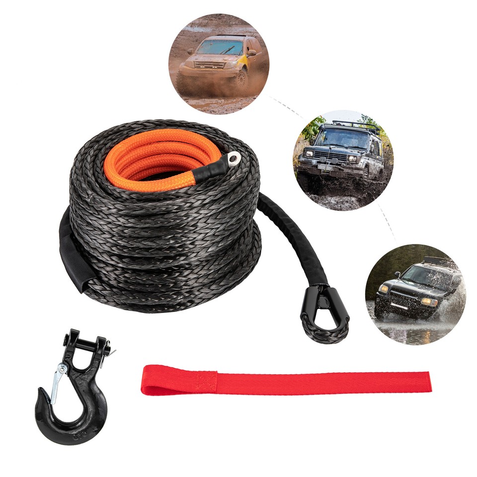 3/8" x 92ft Winch Rope Synthetic Line Recovery Cable Black w/ Hook 4WD ...