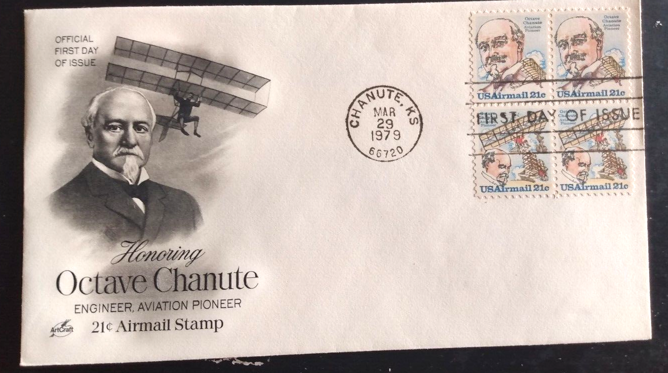 AVIATION PIONEER OCTAVE CHANUTE 1979 ARTCRAFT CACHET FDC STAMP BLOCK ...