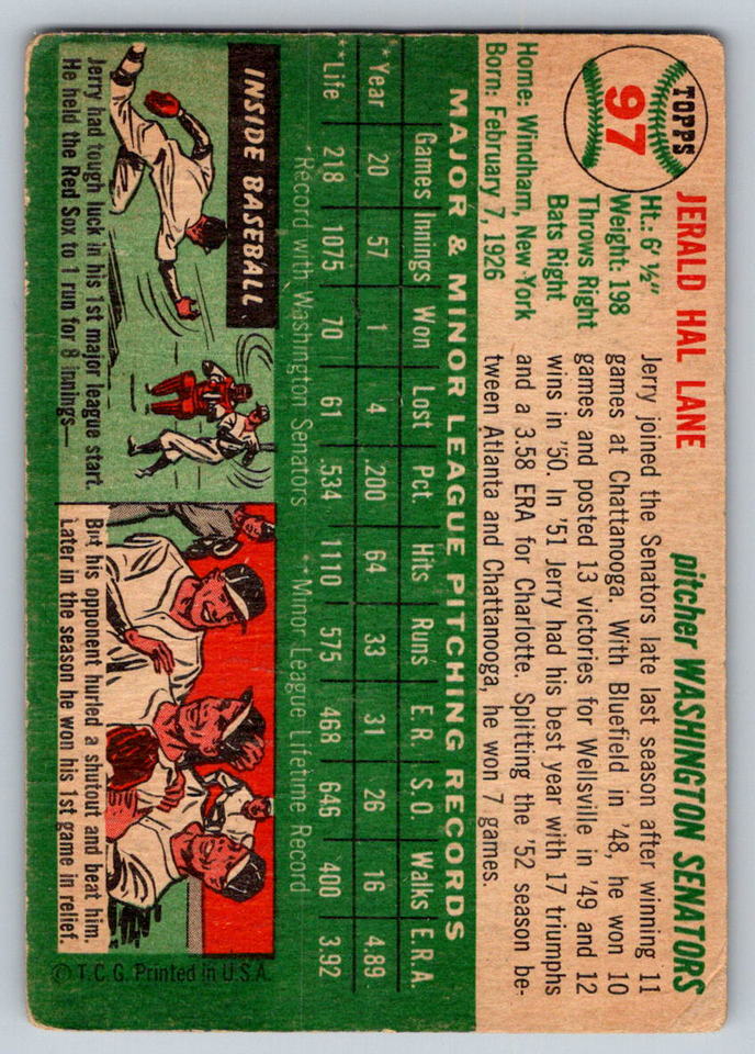 Jerry Lane 1954 Topps Rookie Card #97 Washington Senators Low Grade ...