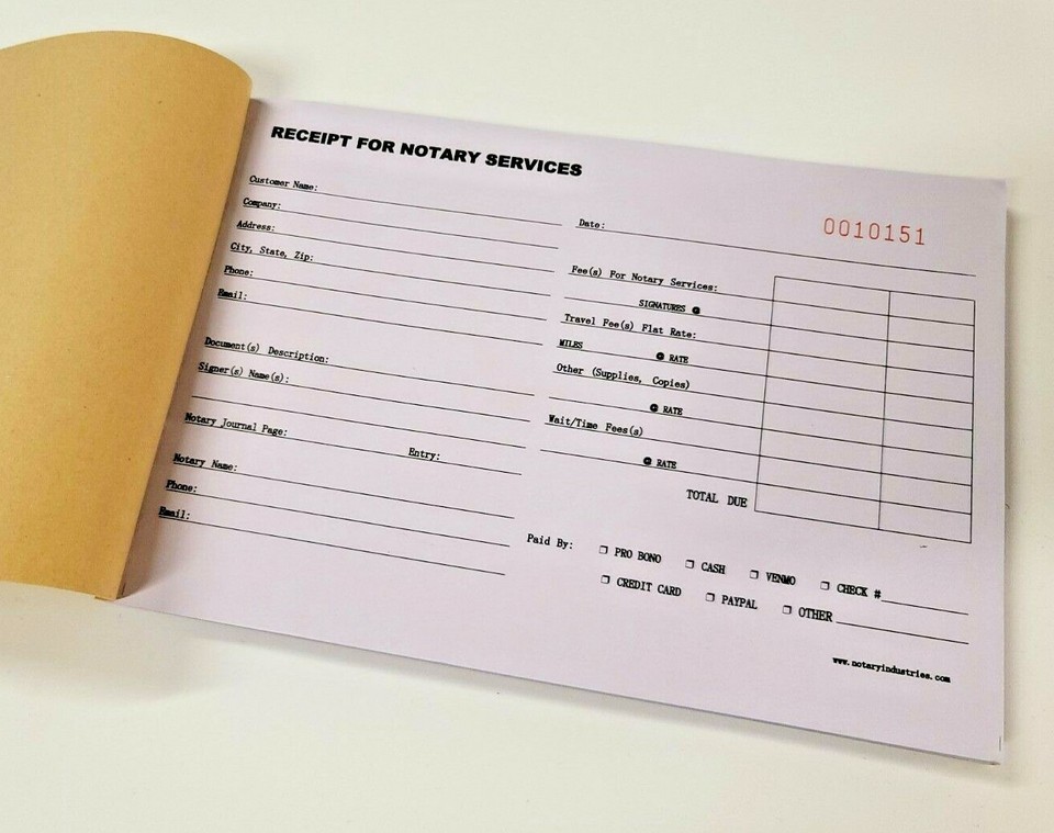Receipt for Notary Services Book 50 x 2-ply Duplicate Pink/White Public ...