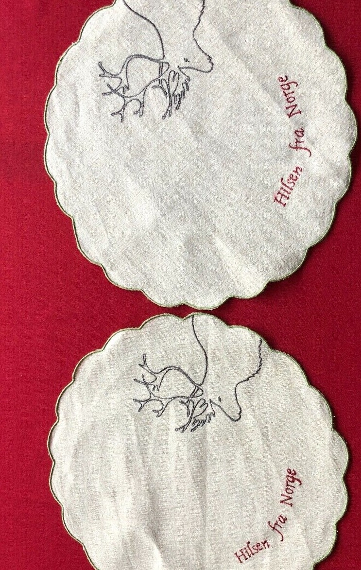 Norway, 2 Machine Embroidered Table Toppers, Reindeer Design | eBay