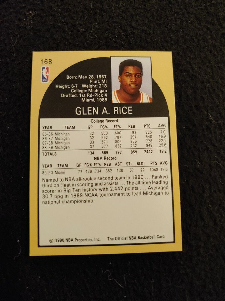 1990 - 91 NBA Hoops Glen Rice rookie basketball card #168 Miami Heat EX ...