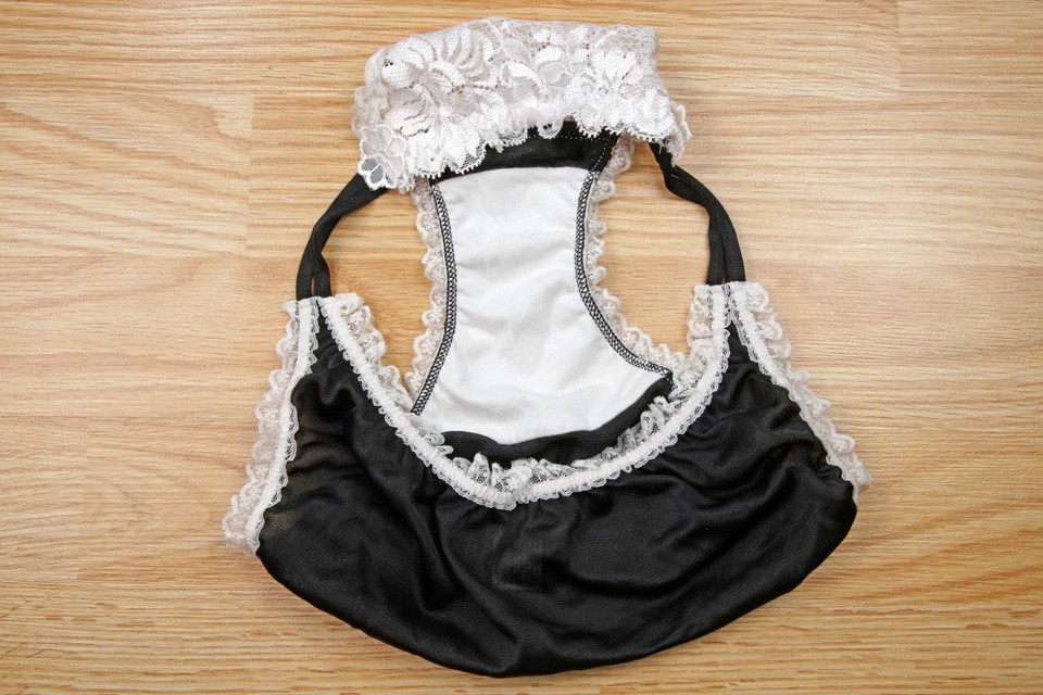VINTAGE JAPANESE NYLON SHINY SLIPPERY PRETTY CUTE BLACK FRILL STRING ...