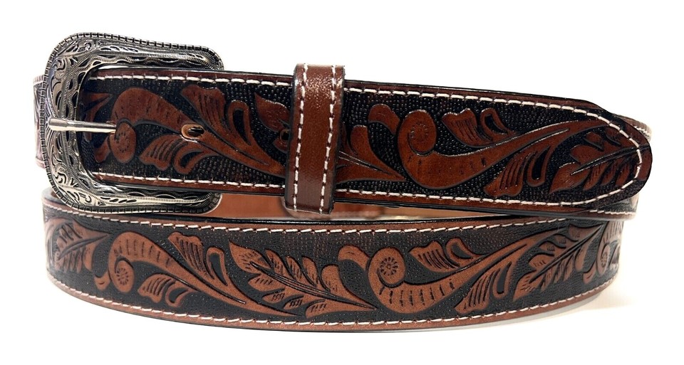 EMBOSSED WESTERN LEATHER BELT COWBOY RODEO CASUAL LEATHER BELT TULIP ...