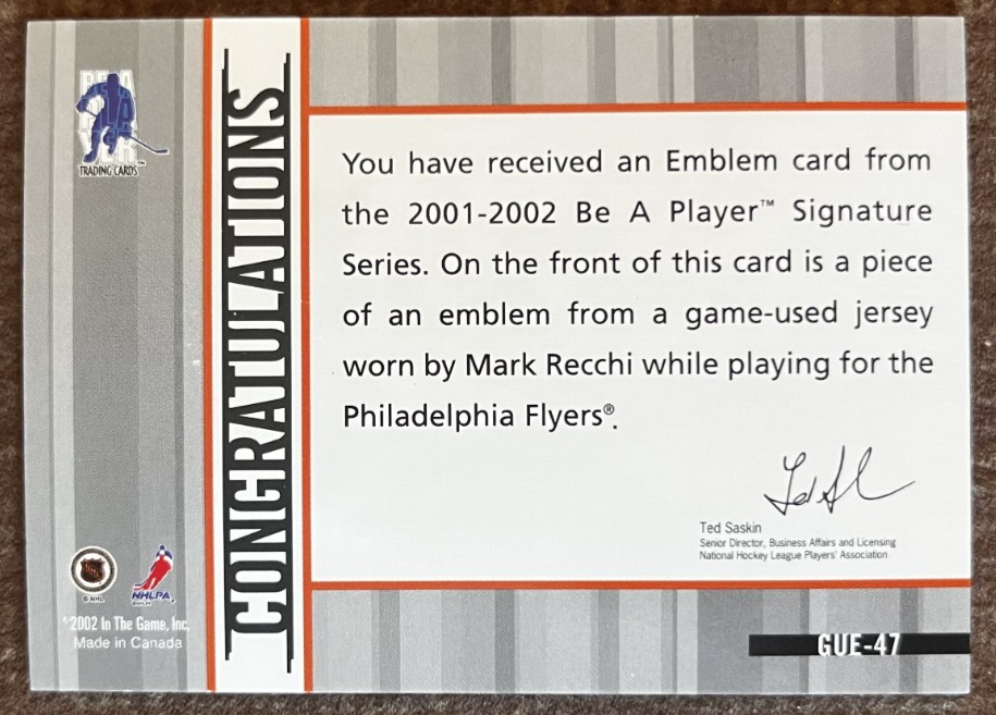 2001-02 ITG BE A PLAYER SIGNATURE SERIES GAME-USED EMBLEM MARK RECCHI # ...