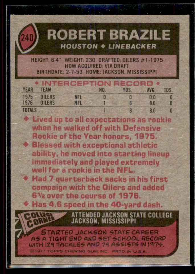 1977 Topps Robert Brazile #240 Houston Oilers | eBay