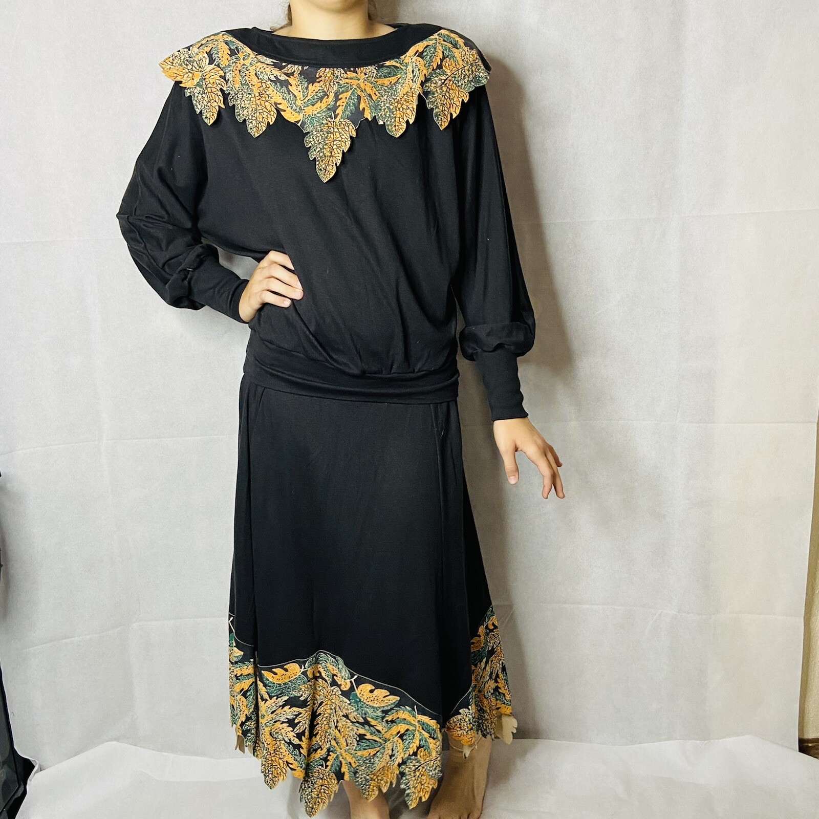 VINTAGE YAEL BARKAY Black Stretch Cotton Fall Theme O… - Gem