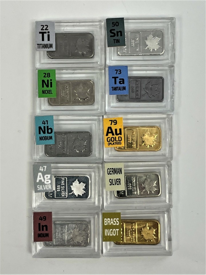 10 x 1 Gram Periodic Element Metal Maple Ingots SILVER TANTALUM NIOBIUM ...