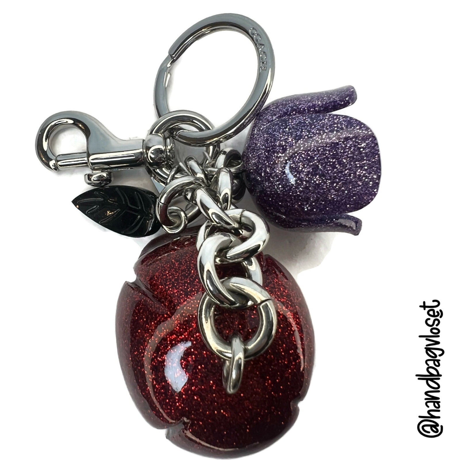 COACH GLITTER RESIN TEA ROSE BAG CHARM F58514 SILVER RED PURPLE TULIP ...