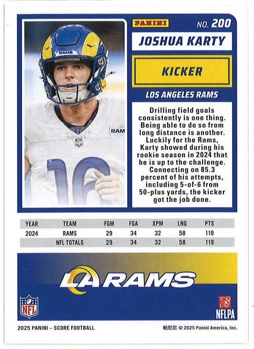 2025 Score Football #200 Joshua Karty, Los Angeles Rams | eBay