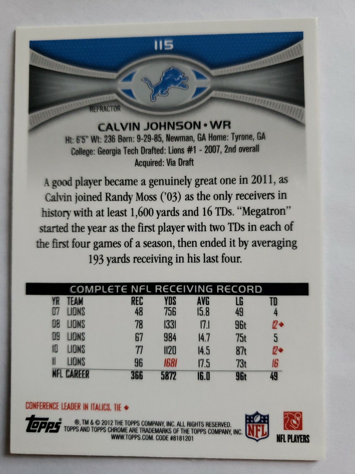 2012 Topps Chrome - All-Pro Orange Refractor #115 Calvin Johnson for ...