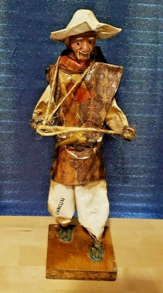 Vintage Mexican Folk Art Paper Mache Man on Wood Base - 12.5"H - Highly ...