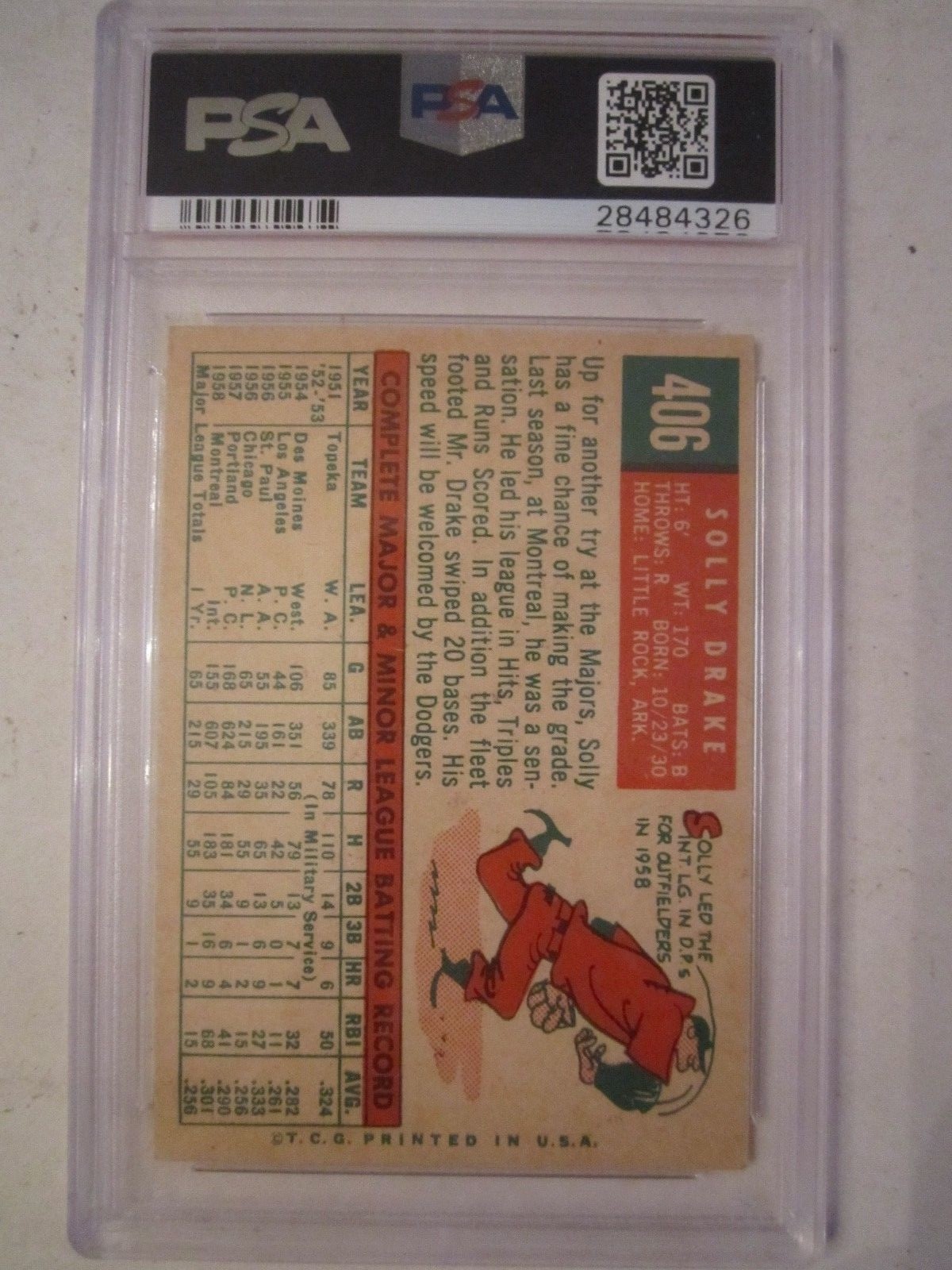 1959 SOLLY DRAKE #406 TOPPS BASEBALL CARD - PSA GRADED 5 EX - TUB BBA-8 ...