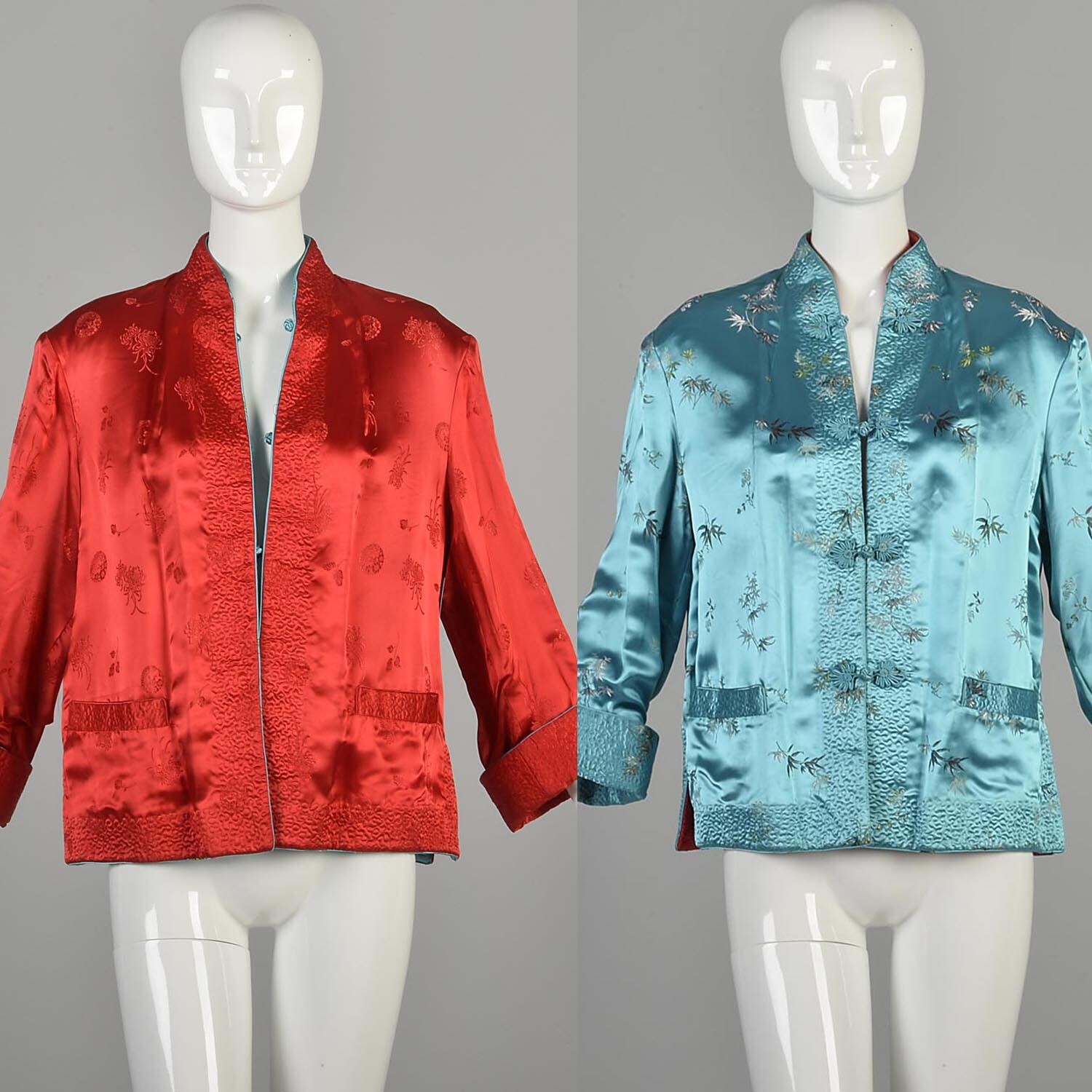 XL 1960s Reversible Jacket Red and Blue Silky Asian P… - Gem