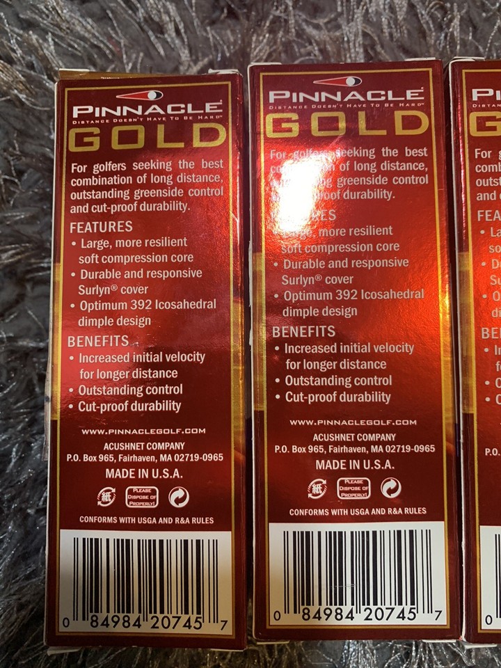 Pinnacle Gold Distance Golf Ball (4) 3 Packs New In Box Made In USA Set ...