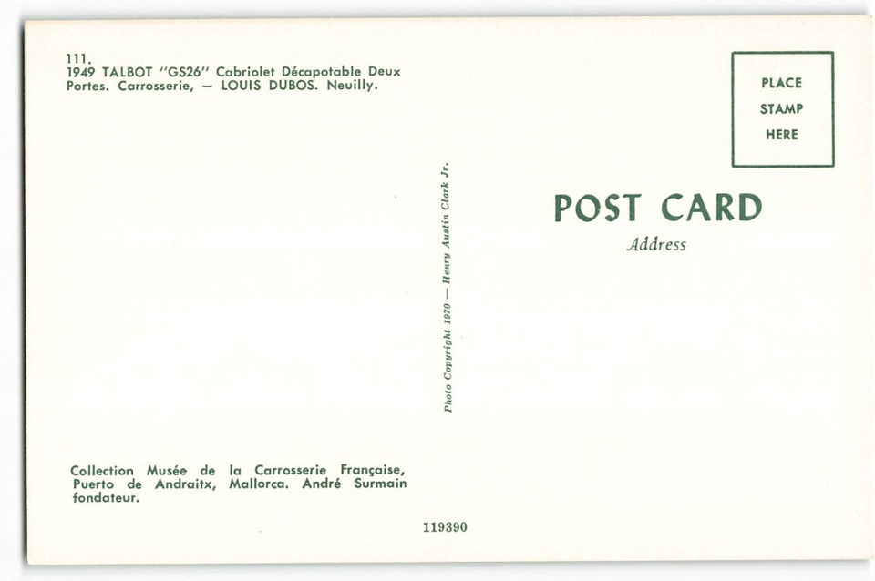 Postcard Long Island Auto Museum - 1949 TALBOT GS26 Cabriolet VTG FCP ...