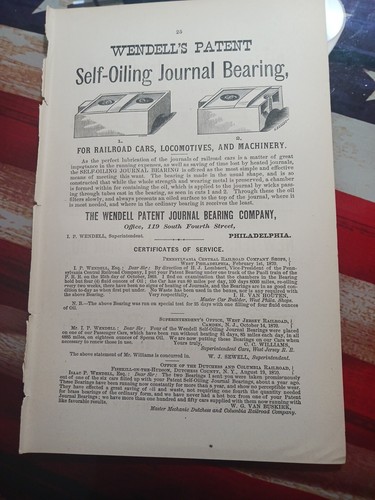 1872 Ad Wendell's Patent Self Oiling Journal Bearing Railroad Car ...