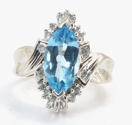 Solid 10k White Gold 18 Diamonds & Blue 1.5ct Marquise Topez Vintage ...