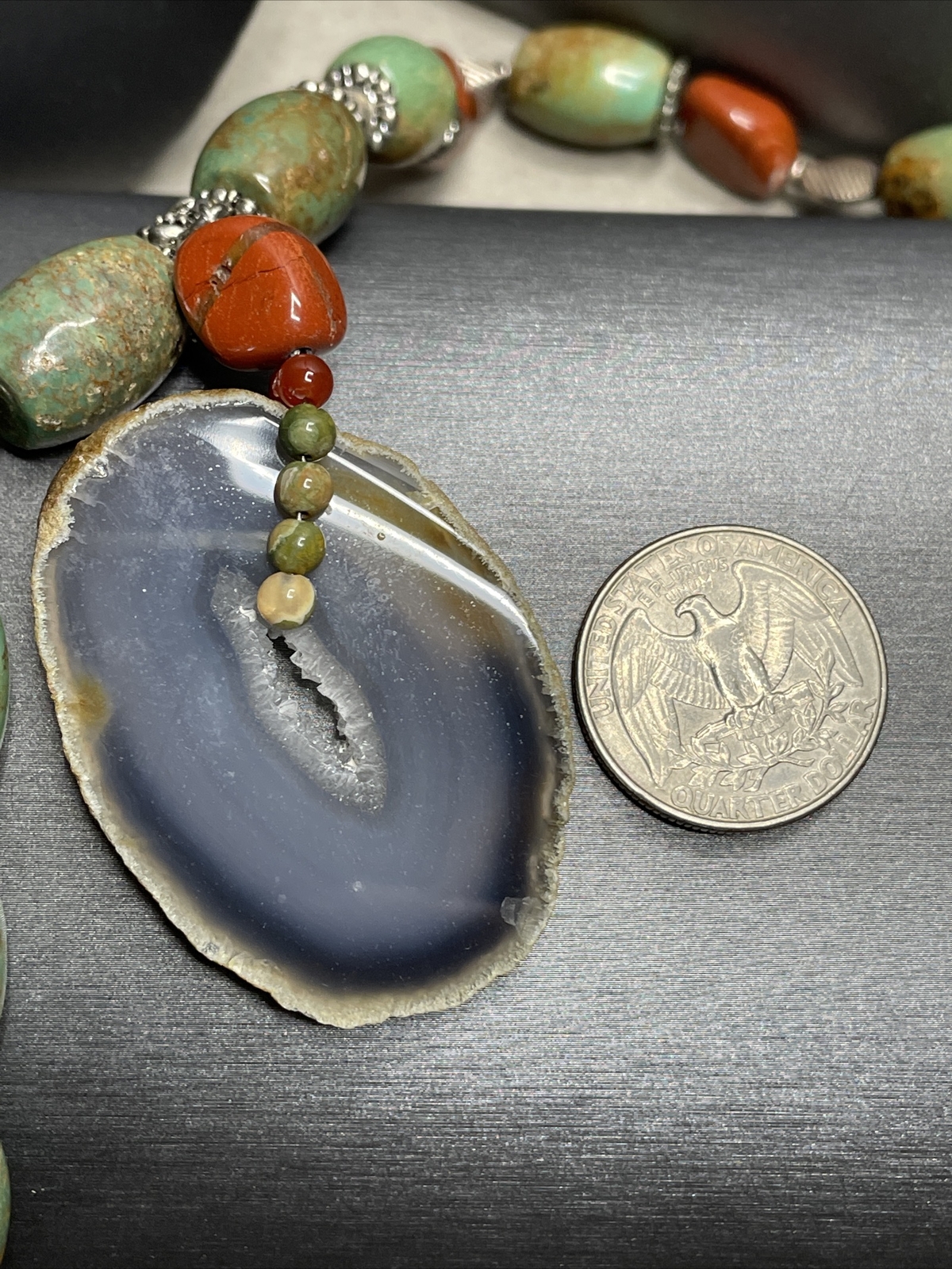 Red Jasper & Agate Slice Pendant 20” Necklace Natural Stone & Ceramic ...