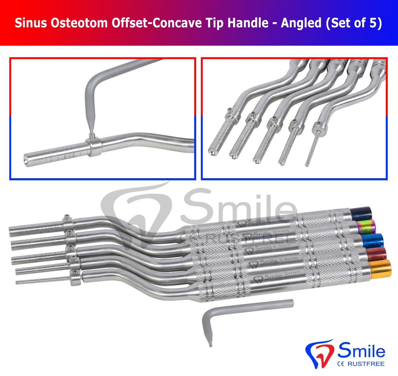 Osteotomes Set Of 5 Offset Angled -Concave 2.0mm - 3.4mm - 4.3mm - 5 ...
