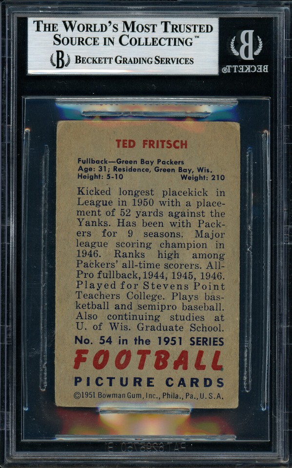 Ted Fritsch Autographed Signed 1951 Bowman Card #54 Packers Beckett ...