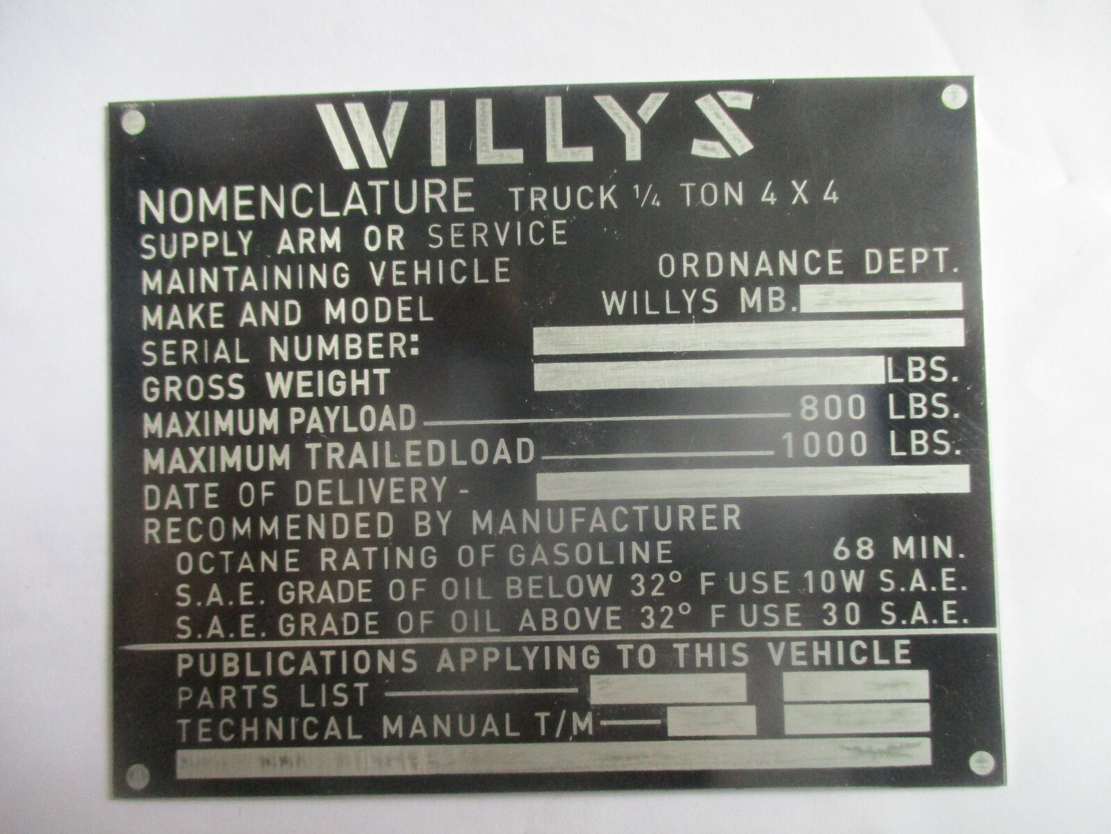 Identification Plate Willys Jeep MB ID-Plate WW 2 II Aluminum S79 | eBay