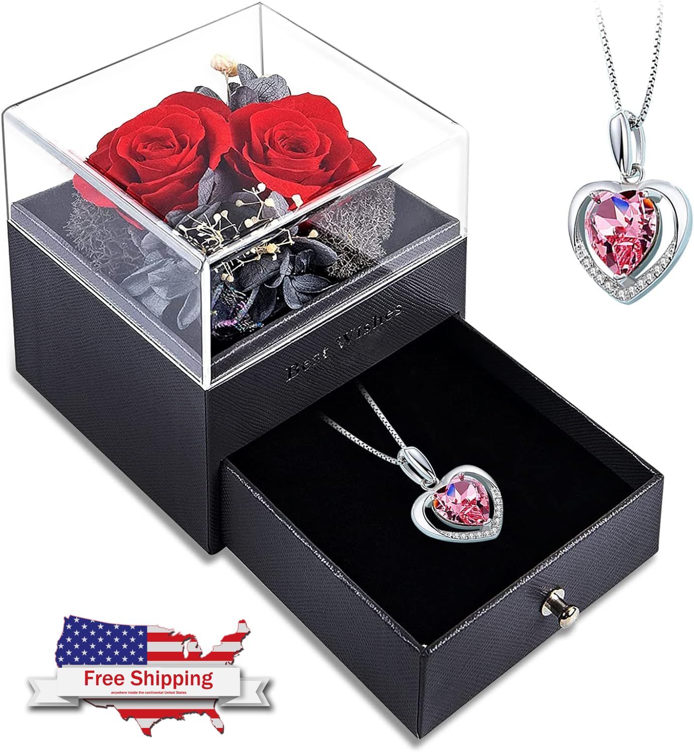 Double Preserved Real Red Rose With Heart Necklace,Gift Box for Women ...