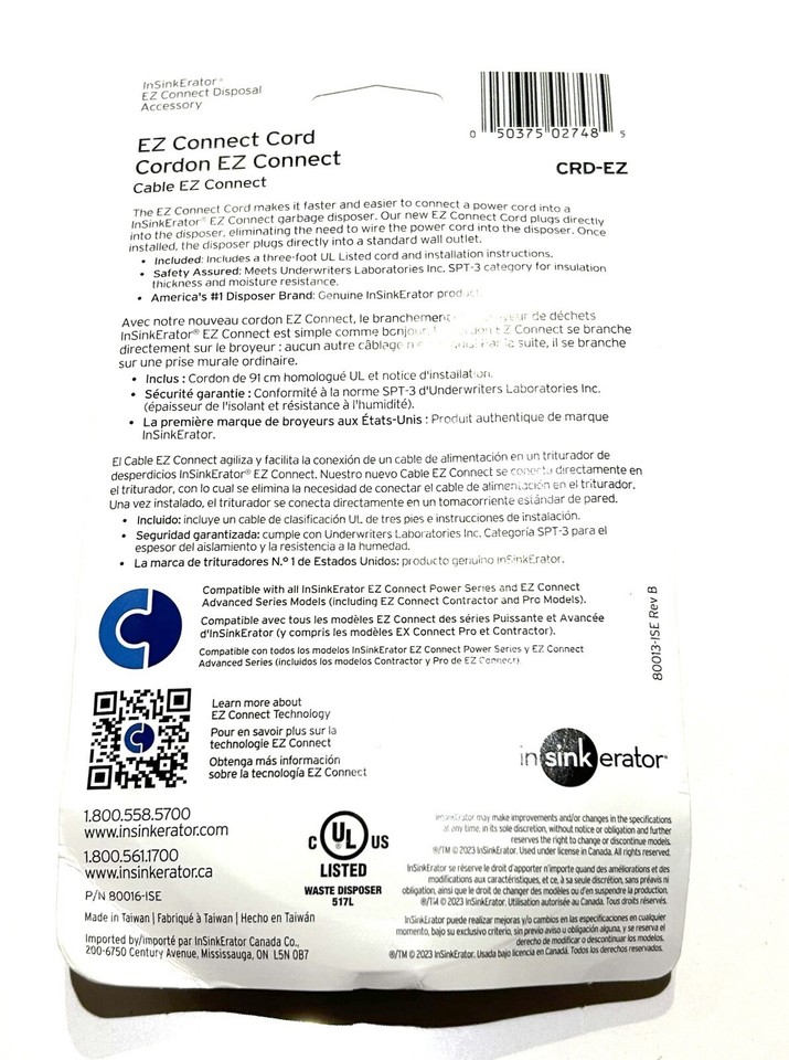 NEW! InSinkerator EZ Connect Cord CRD-EZ 3’ UL Listed Cord Wall Outlet ...