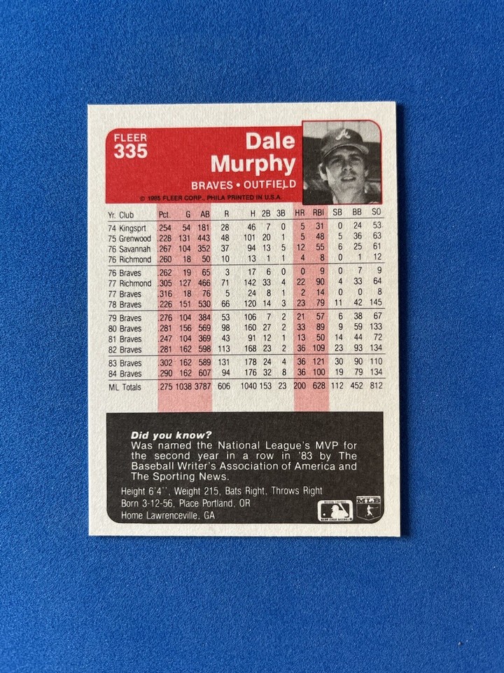 1985 Fleer #335 Dale Murphy Baseball Card - Sharp | eBay