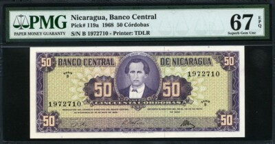 Nicaragua 1968, 50 Cordobas, P119a, PMG 67 EPQ Superb GEM UNC | eBay