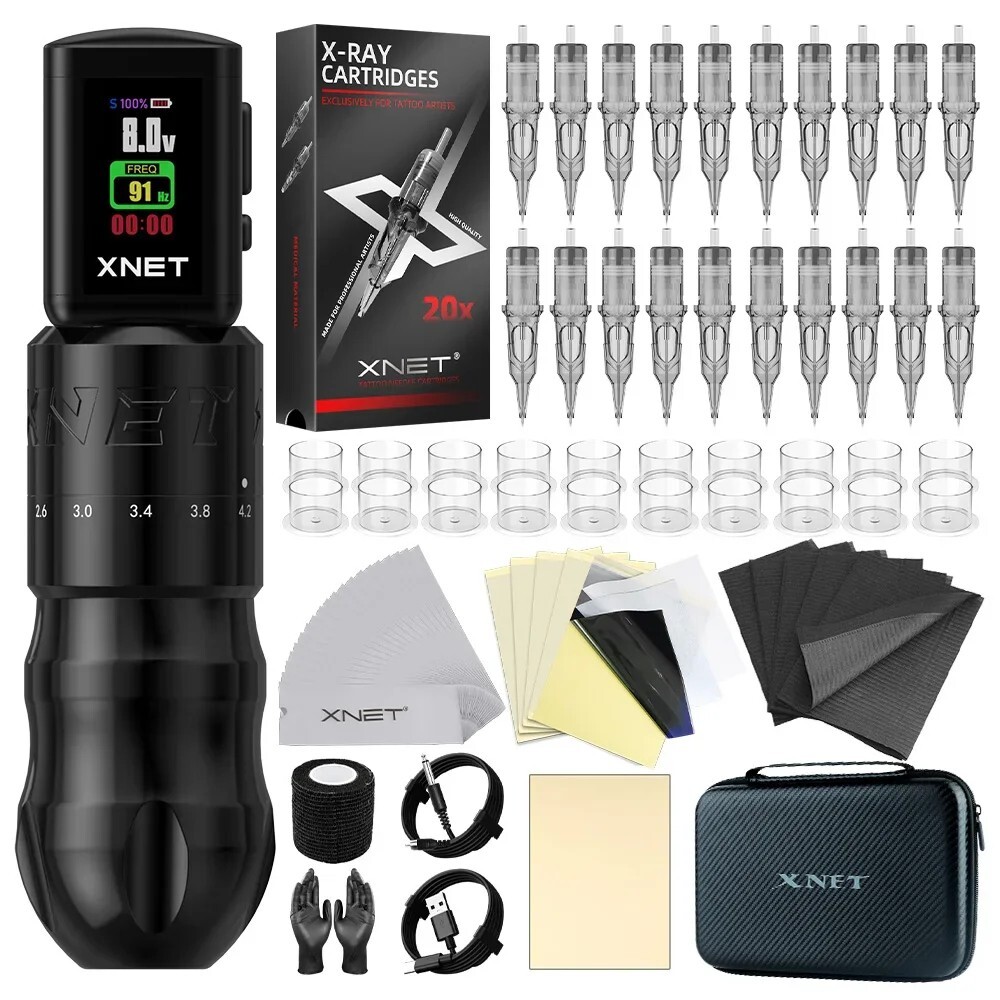 XNET T2 Rotary Tattoo Pen Kit Wireless RCA Power Supply 7 Adjustable ...
