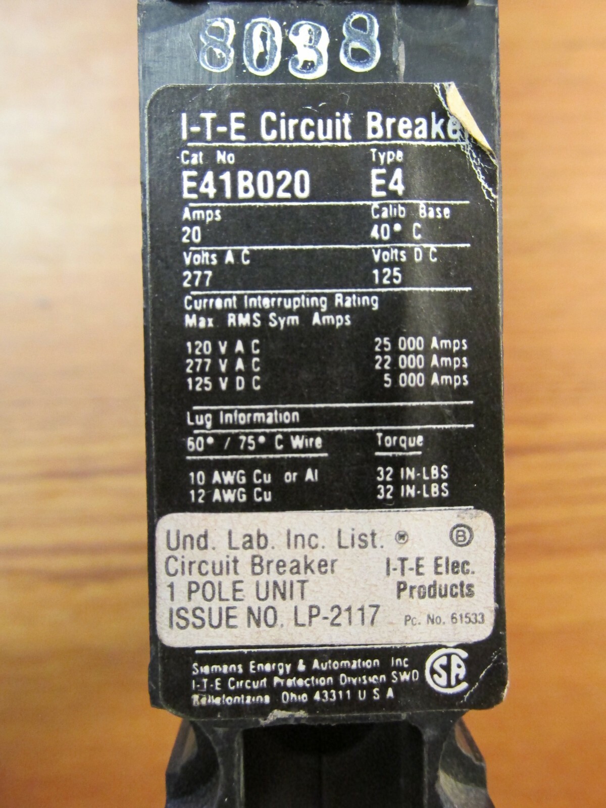 I-T-E CIRCUIT BREAKER TYPE E-4 CAT# E41B020 20 AMP. UA-21 | eBay