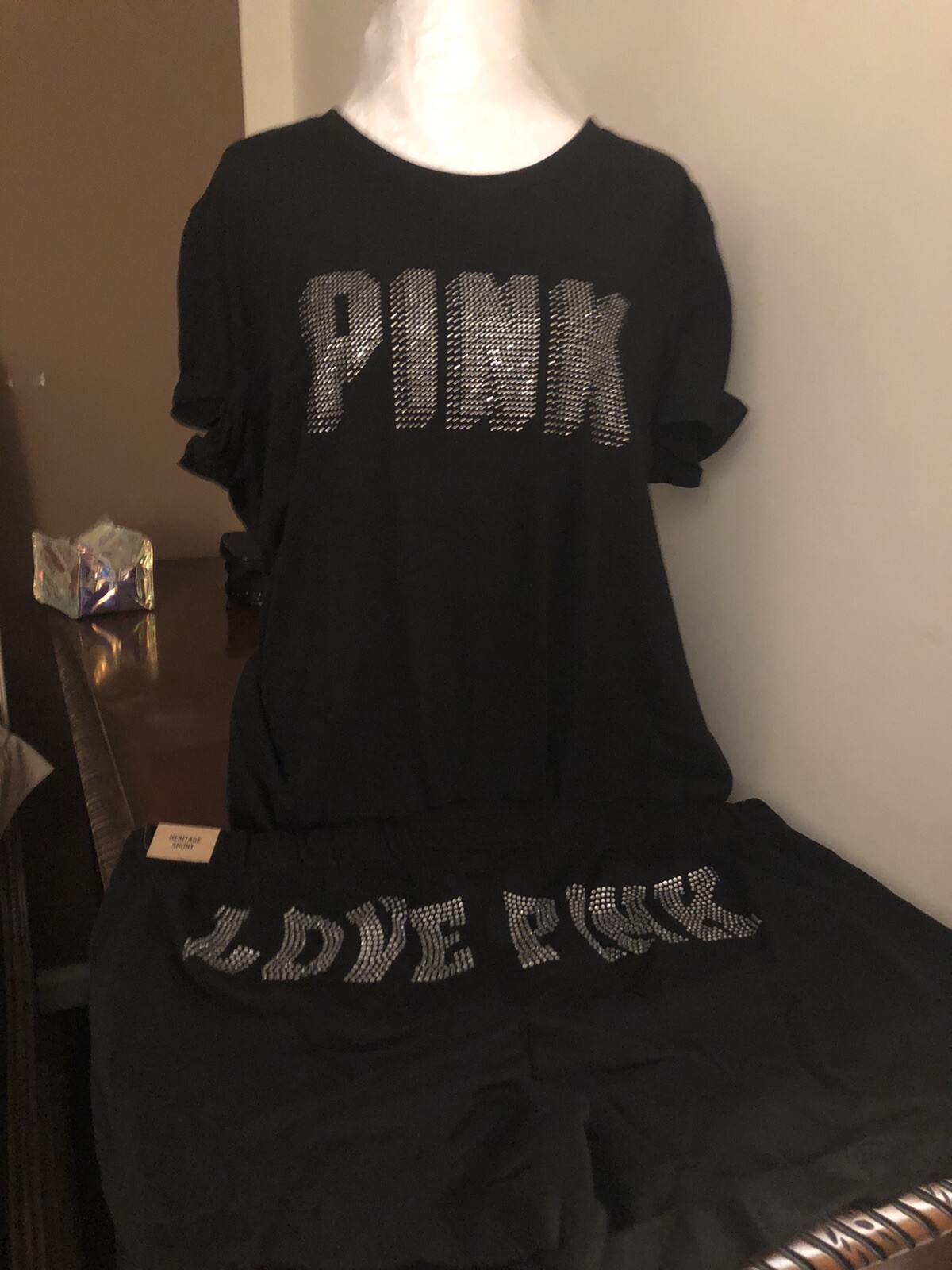 Victoria's Secret Pink Bling Rhinestone Tee Shirt + Shorts Set Black ...
