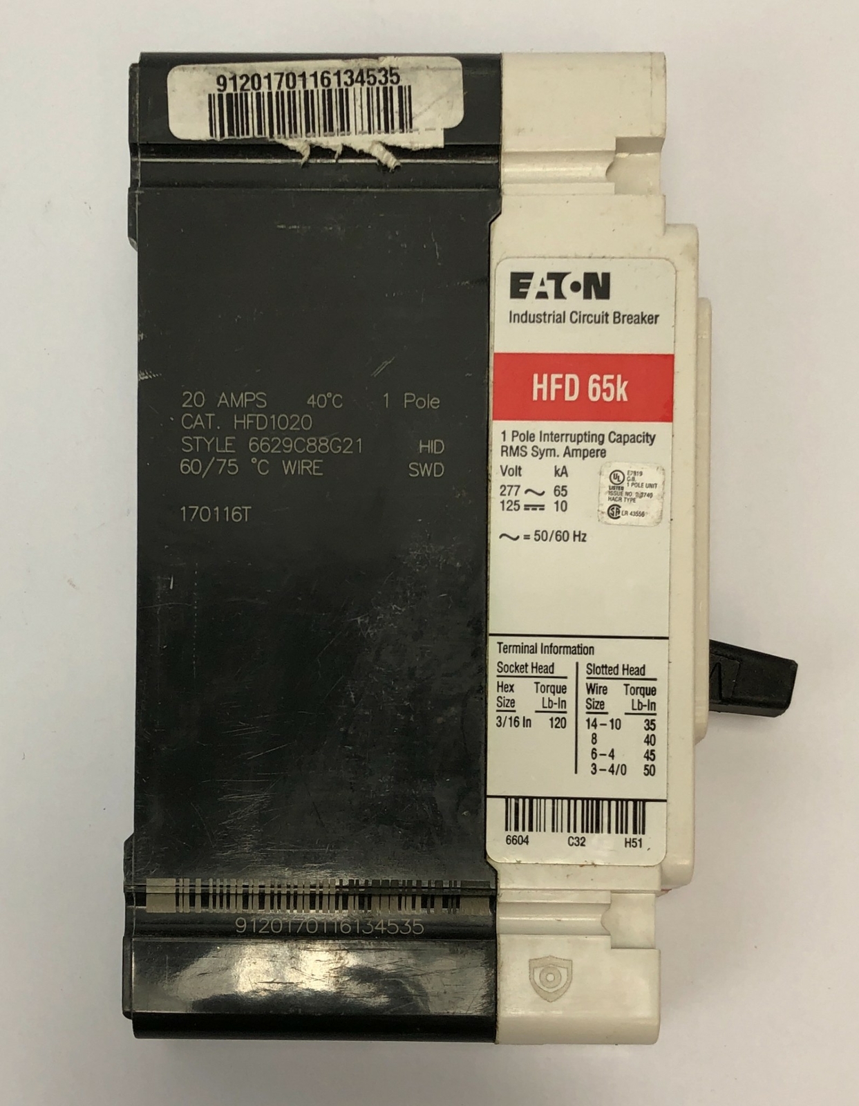 Eaton HFD1020 HFD Series C, 20A, 1P, 277VAC, 125VDC, 65 kAIC, Type HFD ...