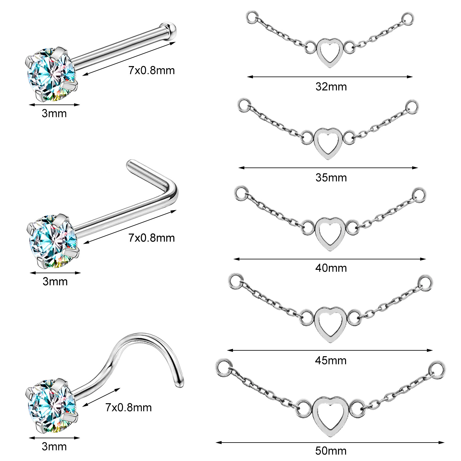 7Pcs/Set Surgical Steel Across Nostril Piercing CZ Nose Stud Nose Chain ...