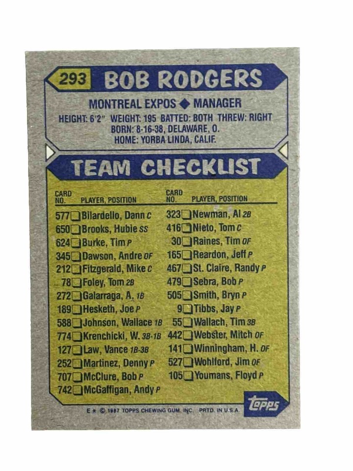 Brand New: Vintage 1987 topps Bob Rodgers Montreal Expos Trading Card ...