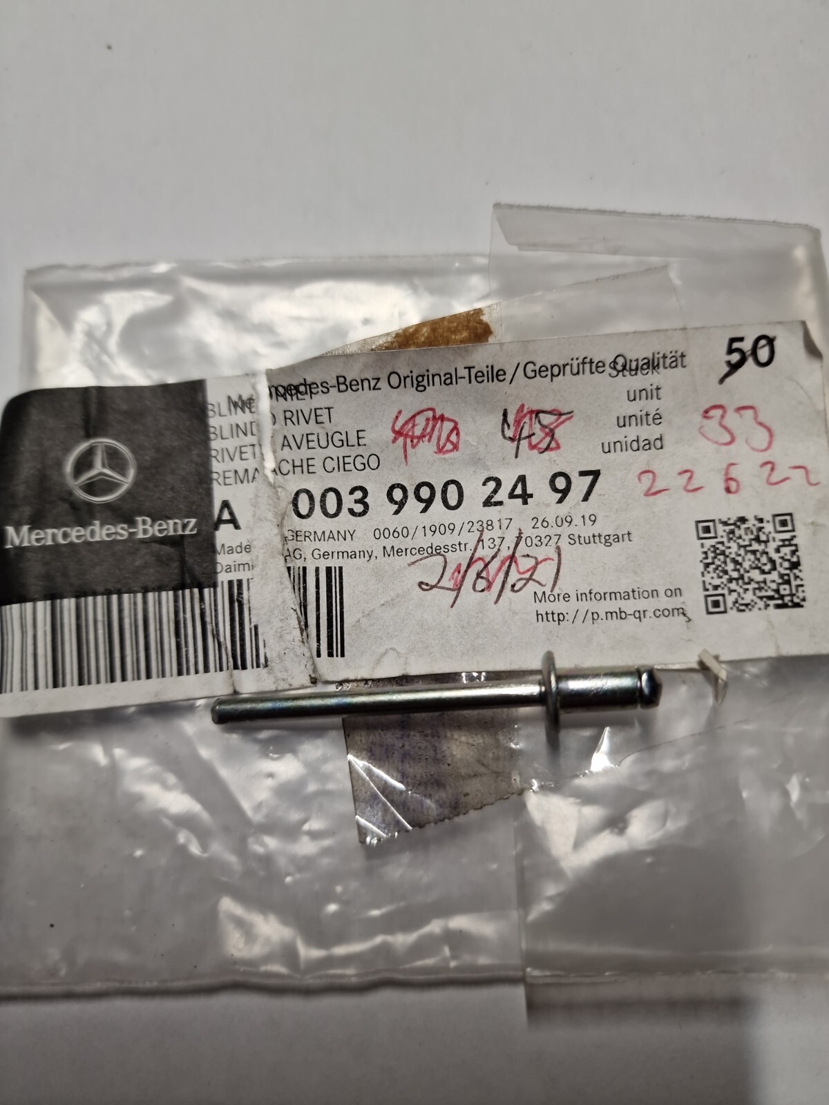 1X OEM MERCEDES-BENZ S W140 WINDOW REGULATOR BLIND RIVET A0039902497 ...
