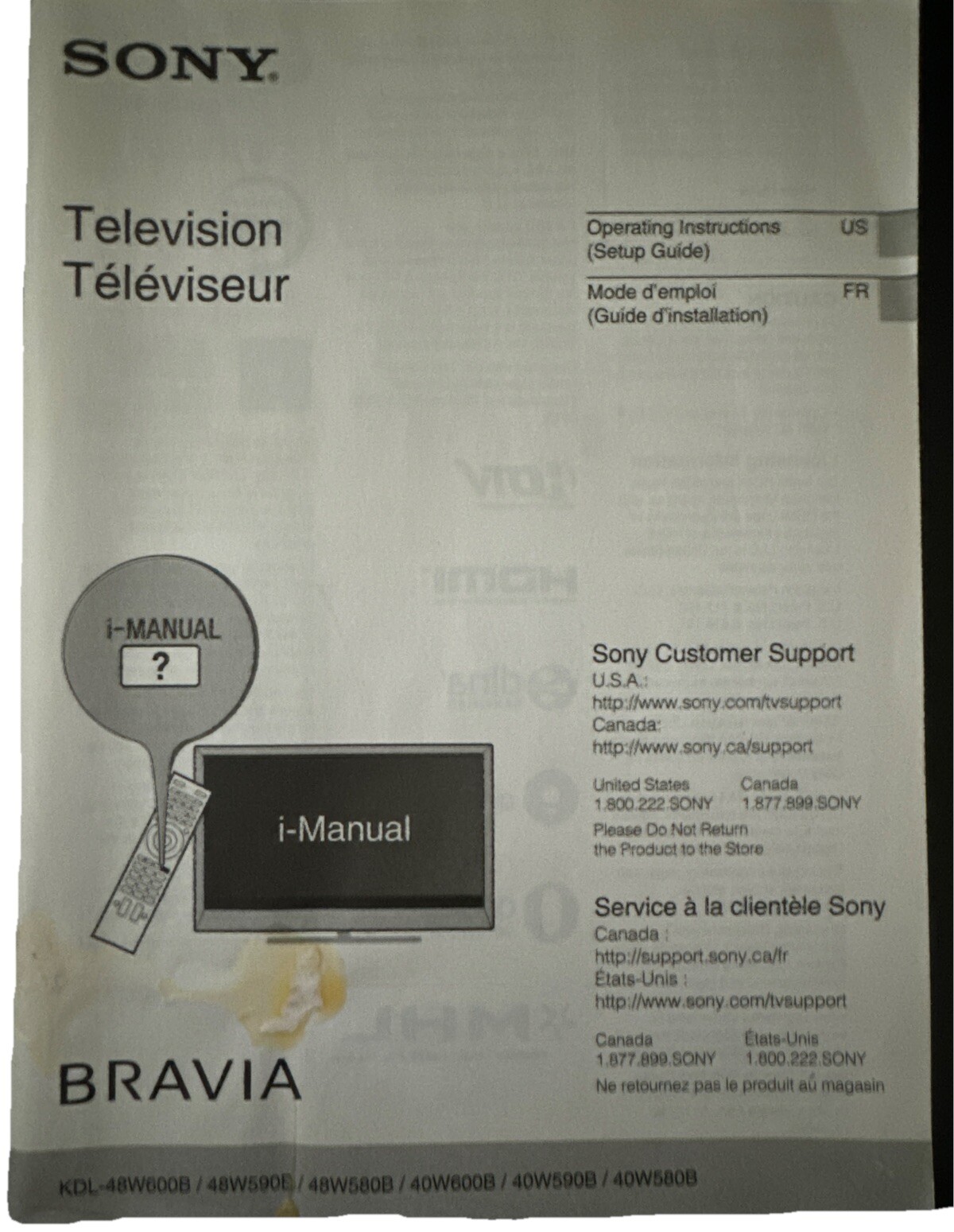 Sony Bravia Television TV KDL-48W600B 48W590E 48W580B 40W600B 40W590B ...