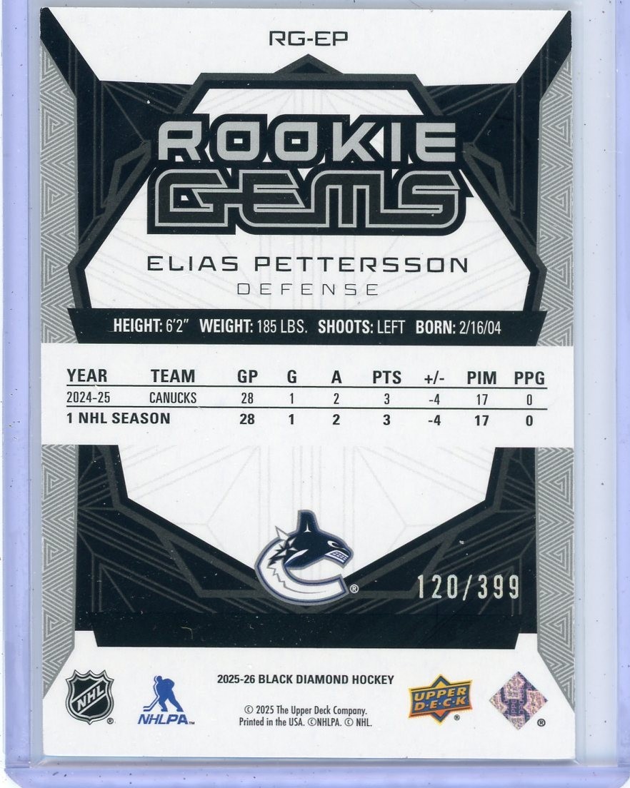 2025-26 UD Black Diamond Hockey ROOKIE GEMS #120/399 CANUCKS Elias ...