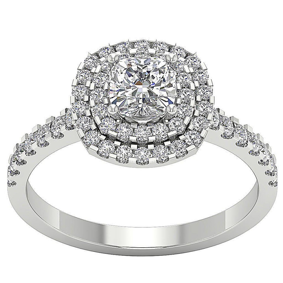 Solitaire Halo Engagement Ring I1 G 1.75 Ct Cushion Round Diamond 14K ...