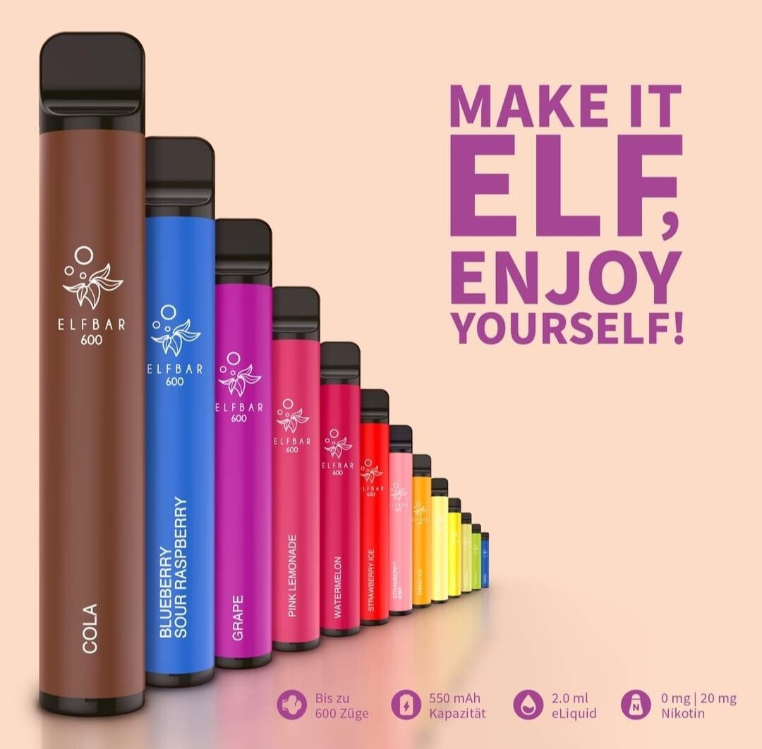 ELFBAR 600 E-Shisha E-Zigarette mit Nikotin Einweg 20mg to go 29 SORTEN ...