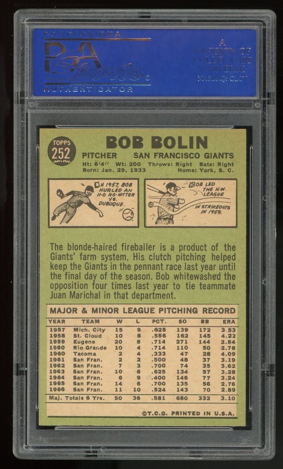 1967 Topps #252 Bob Bolin PSA 9 MINT #12442113 | eBay
