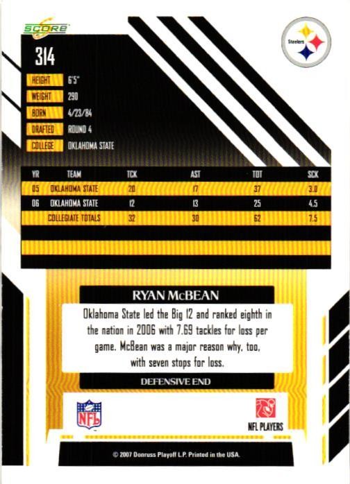 2007 Score #314 Ryan McBean FB4 | eBay