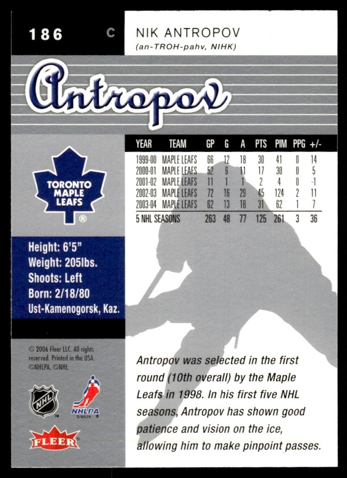 2005-06 Ultra Nikolai Antropov Toronto Maple Leafs #186 | eBay UK