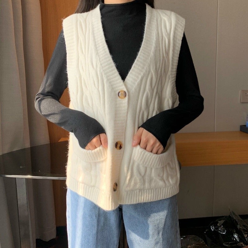 Women V-neck Jacquard Knitted Cardigan Pocket Gilet Tank Retro Student ...