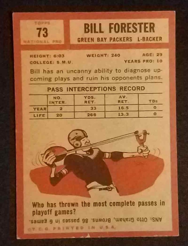 1962 Topps #73 Bill Forester SP Green Bay Packers VG-EX/EX | eBay