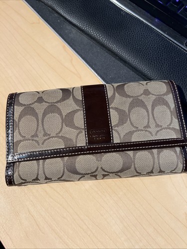 Coach Signature Monogram CheckBook Long Wallet Brown Canvas Envelope ...