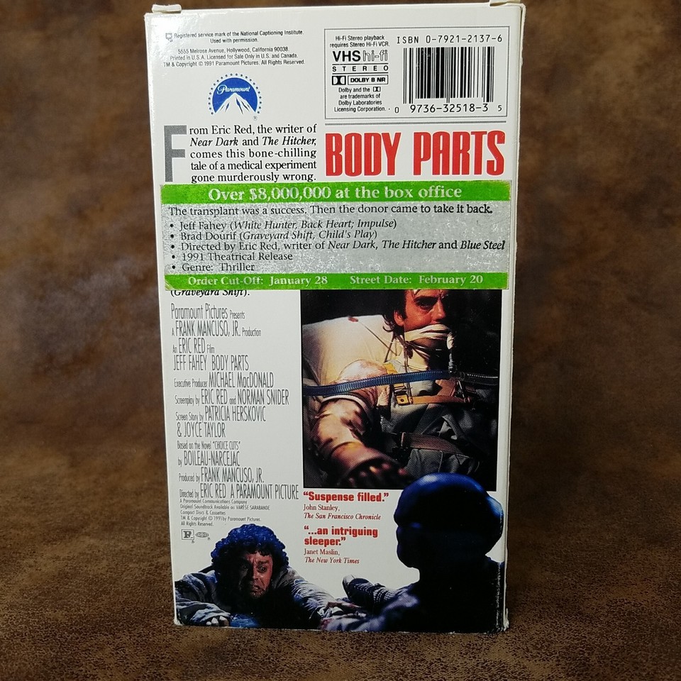 Body Parts (VHS, 1991 Promo Screener) Jeff Fahey, Brad Dourif, Kim ...