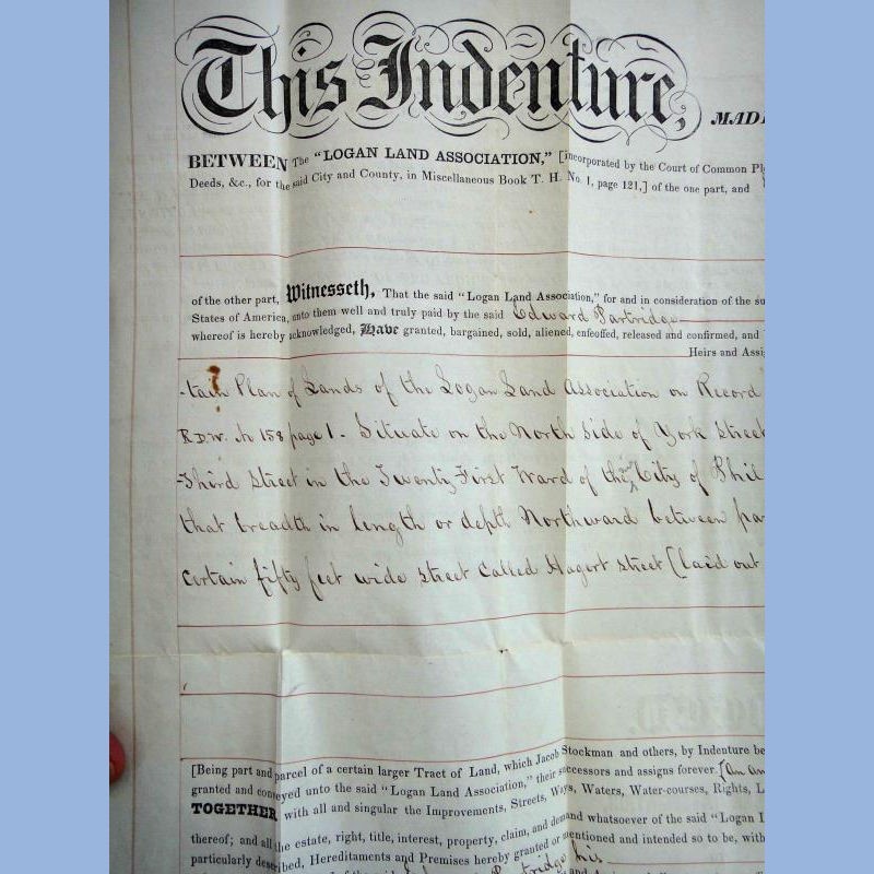 1858 antique LOGAN LAND ASSOC DEED INDENTURE EDWARD PARTRIDGE ...