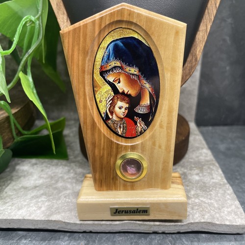 Holy Land Olive Wood Stand Plague 2X4" Embedded Glass Cont 854 Lady ...
